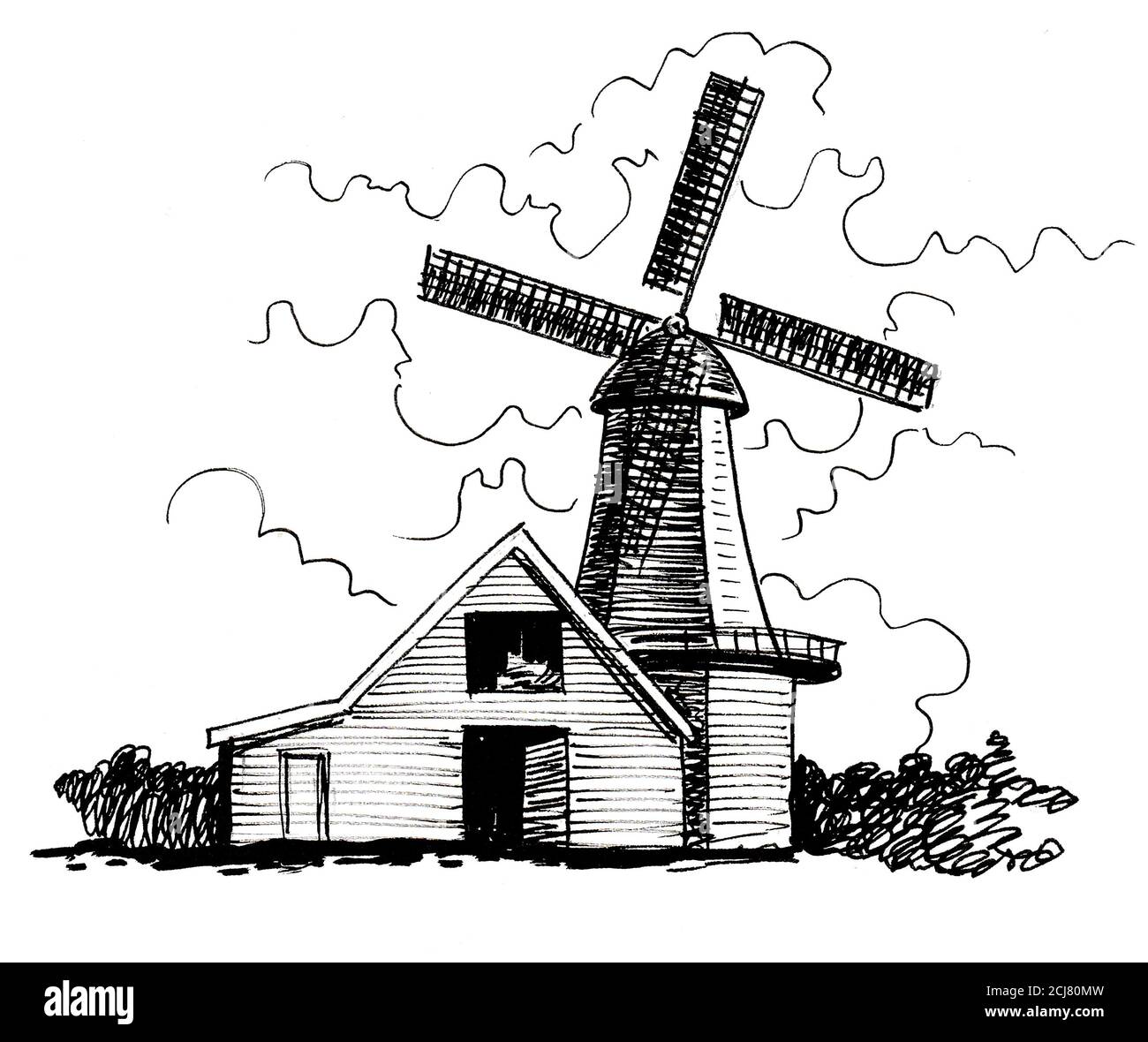 Farm and windmill. Ink black and white drawing Stock Photo - Alamy