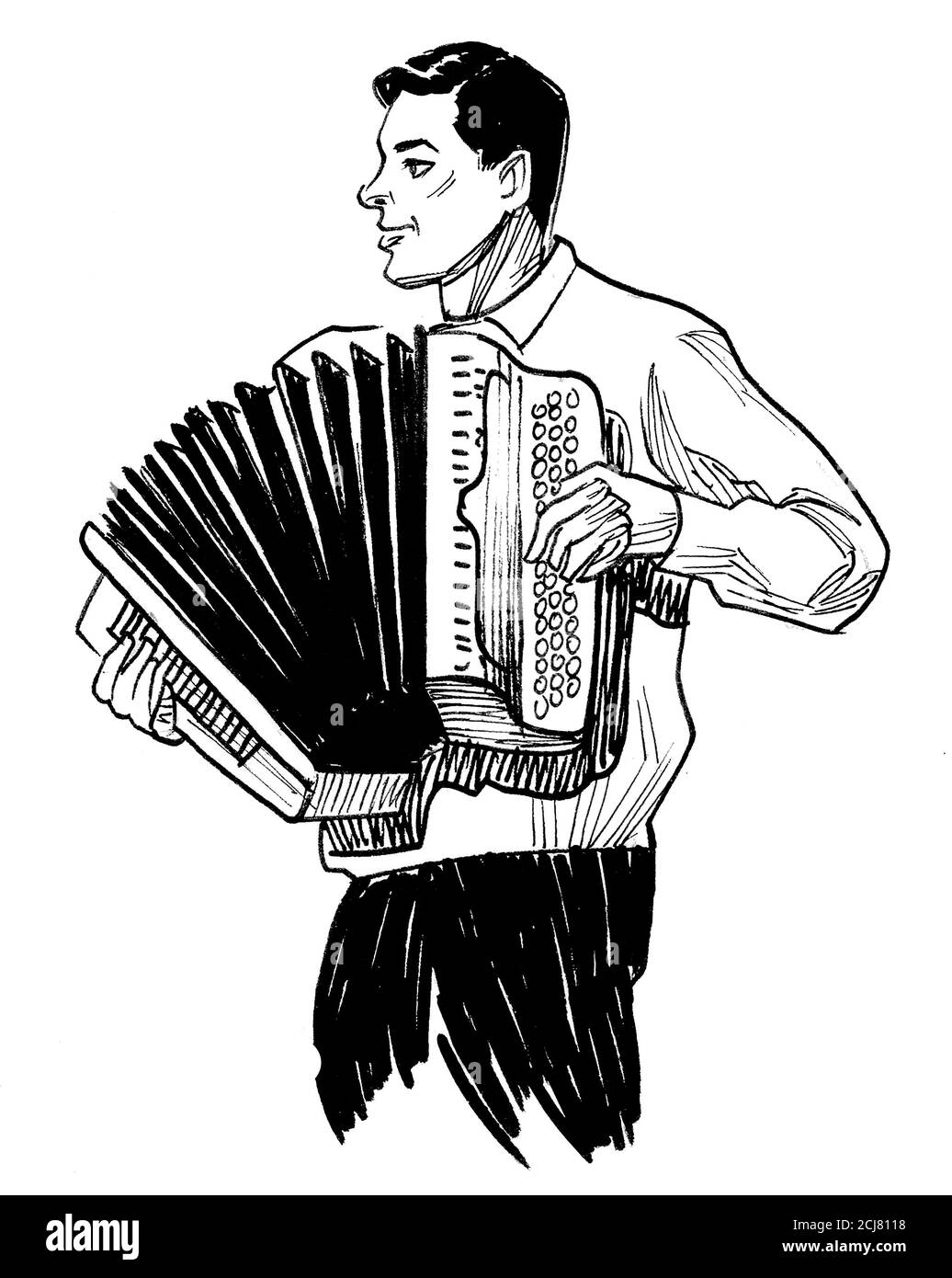 Musician playing accordion. Ink black and white drawing Stock Photo - Alamy