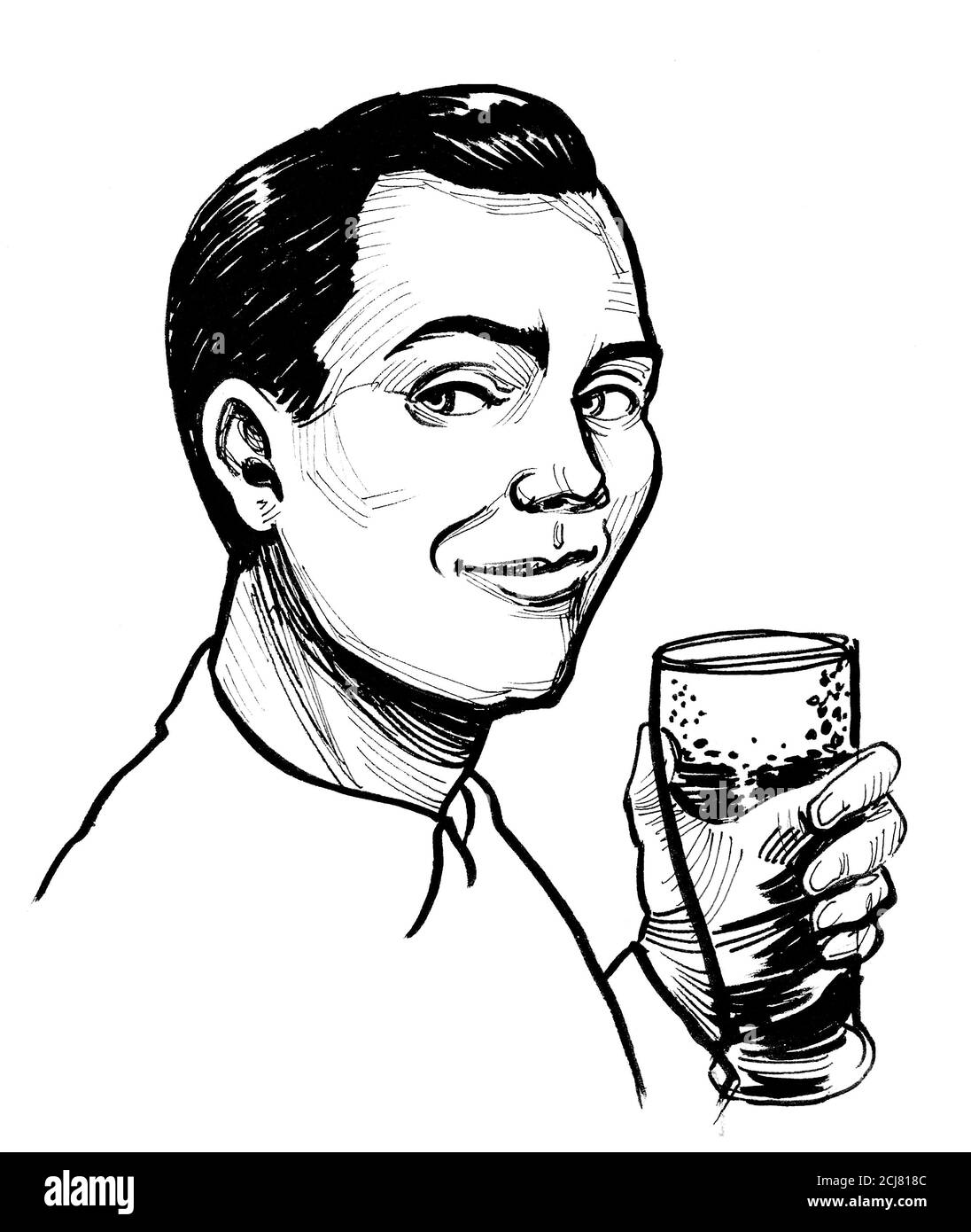 Happy man drinking a pint glass of beer. Ink black and white drawing ...