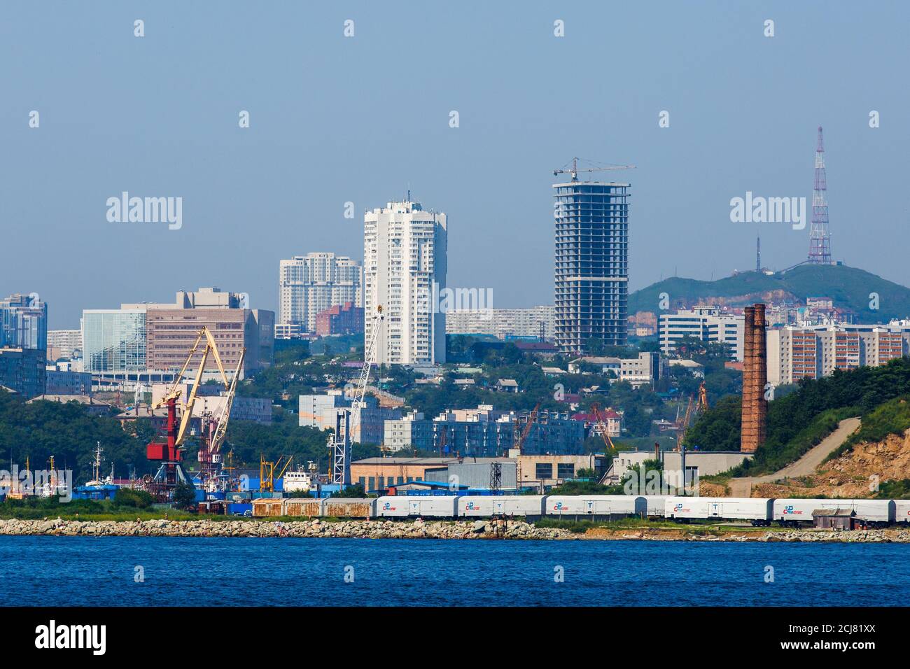 Vladivostok Marine Facade. Commercial seaport from the sea side Stock ...