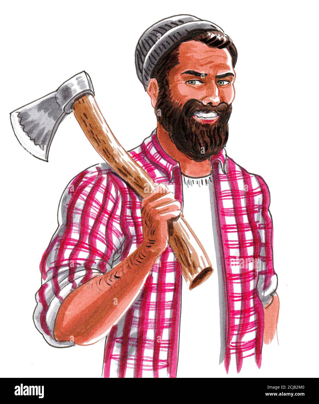Happy smiling Canadian, logger with ax. ink and watercolor drawing ...