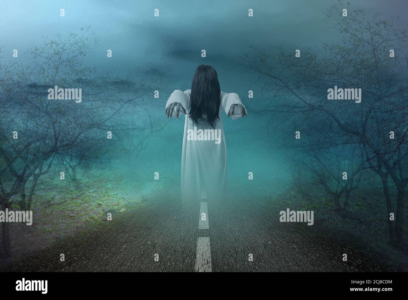 Scary ghost woman standing with night scene background. Halloween ...
