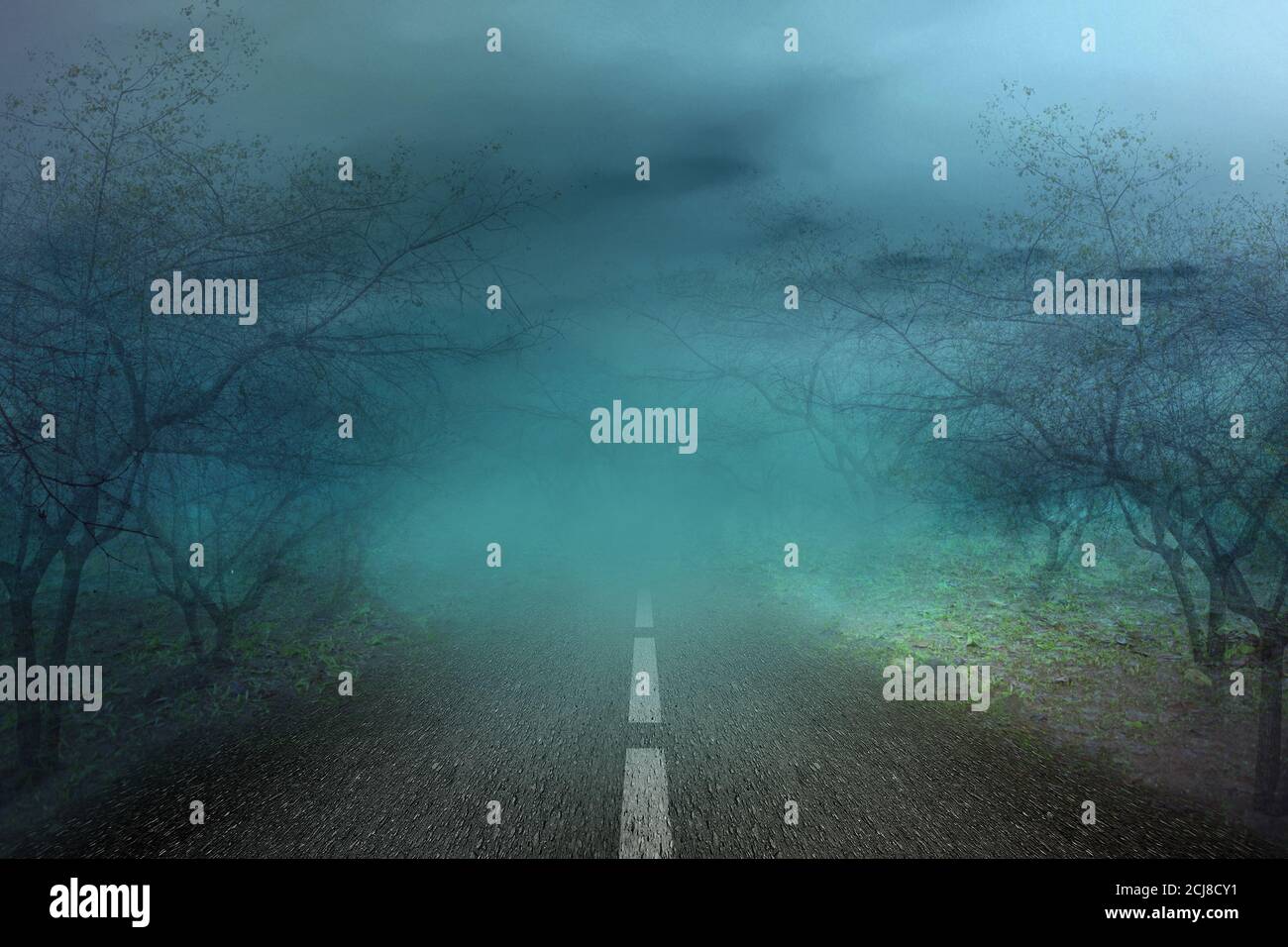 Haunted street with fog and moonlight background. Halloween concept ...