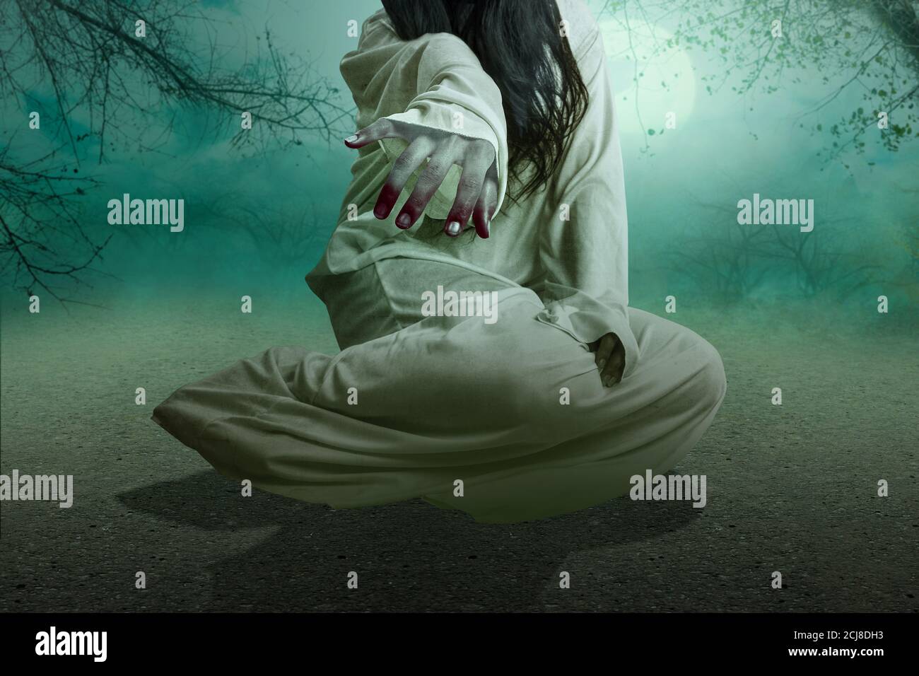 Scary ghost woman crawling with night scene background. Halloween ...