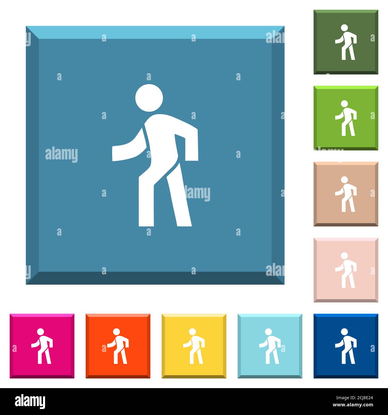 Man walking left white icons on edged square buttons in various trendy ...