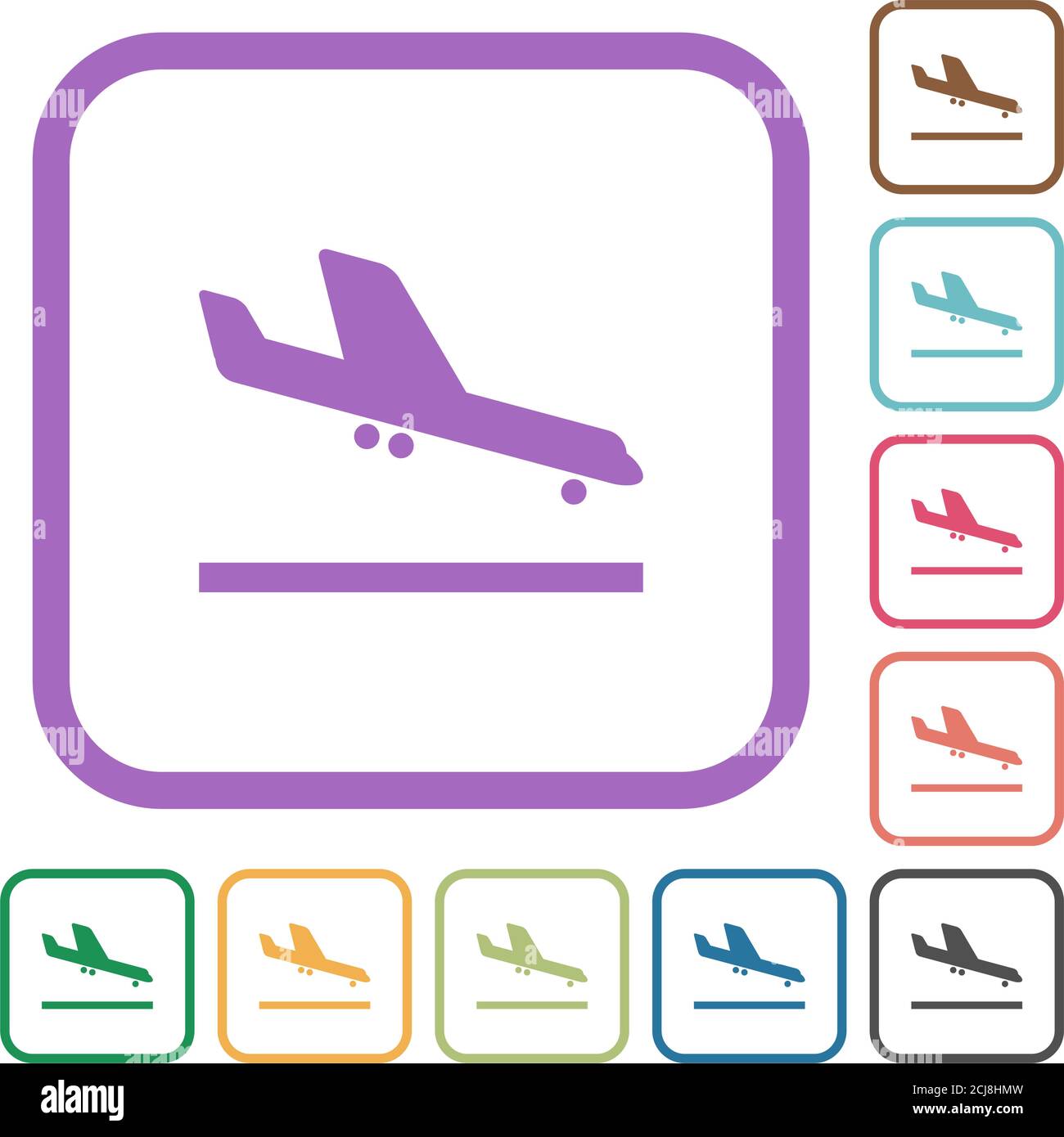 Airplane landing simple icons in color rounded square frames on white ...
