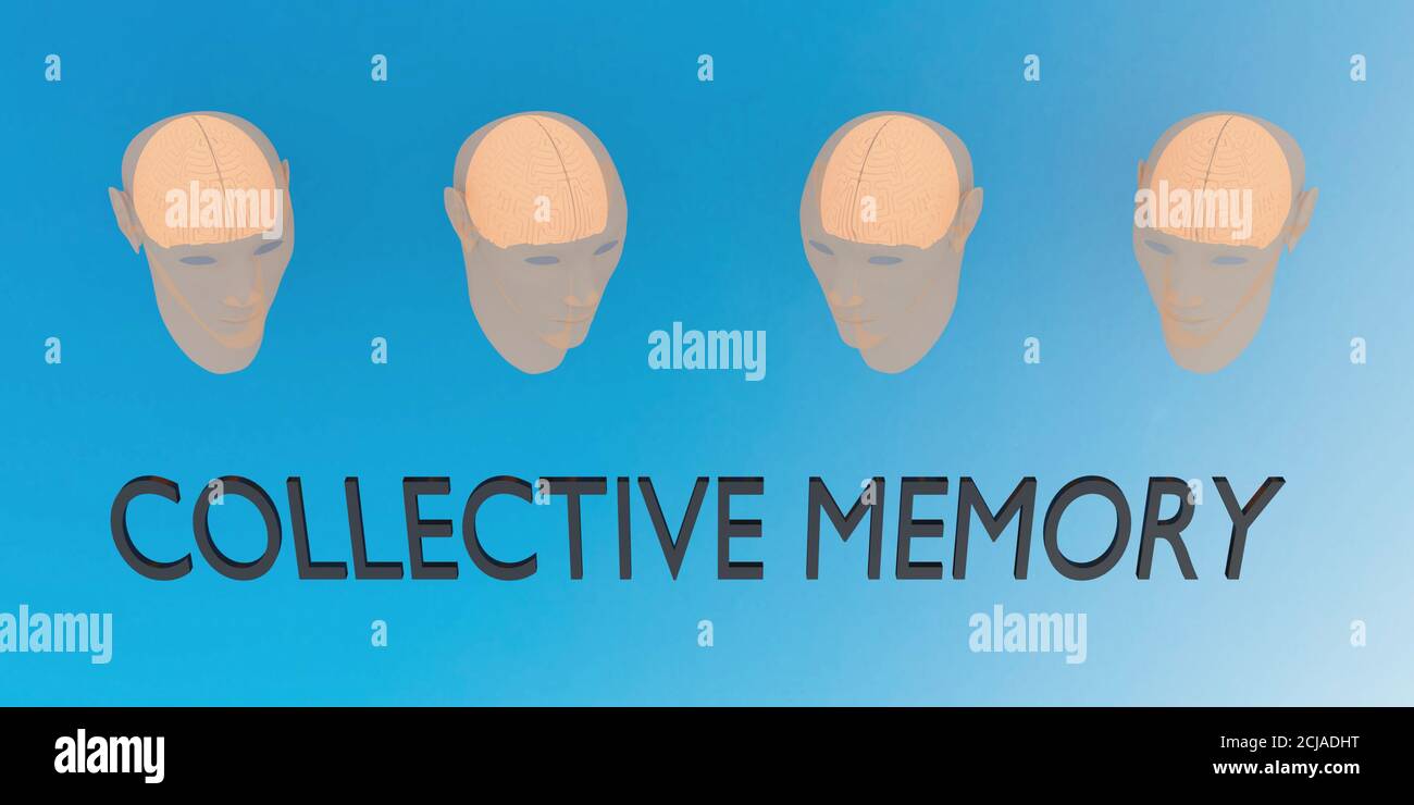 3D illustration of 4 heads with COLLECTIVE MEMORY title, isolated over ...