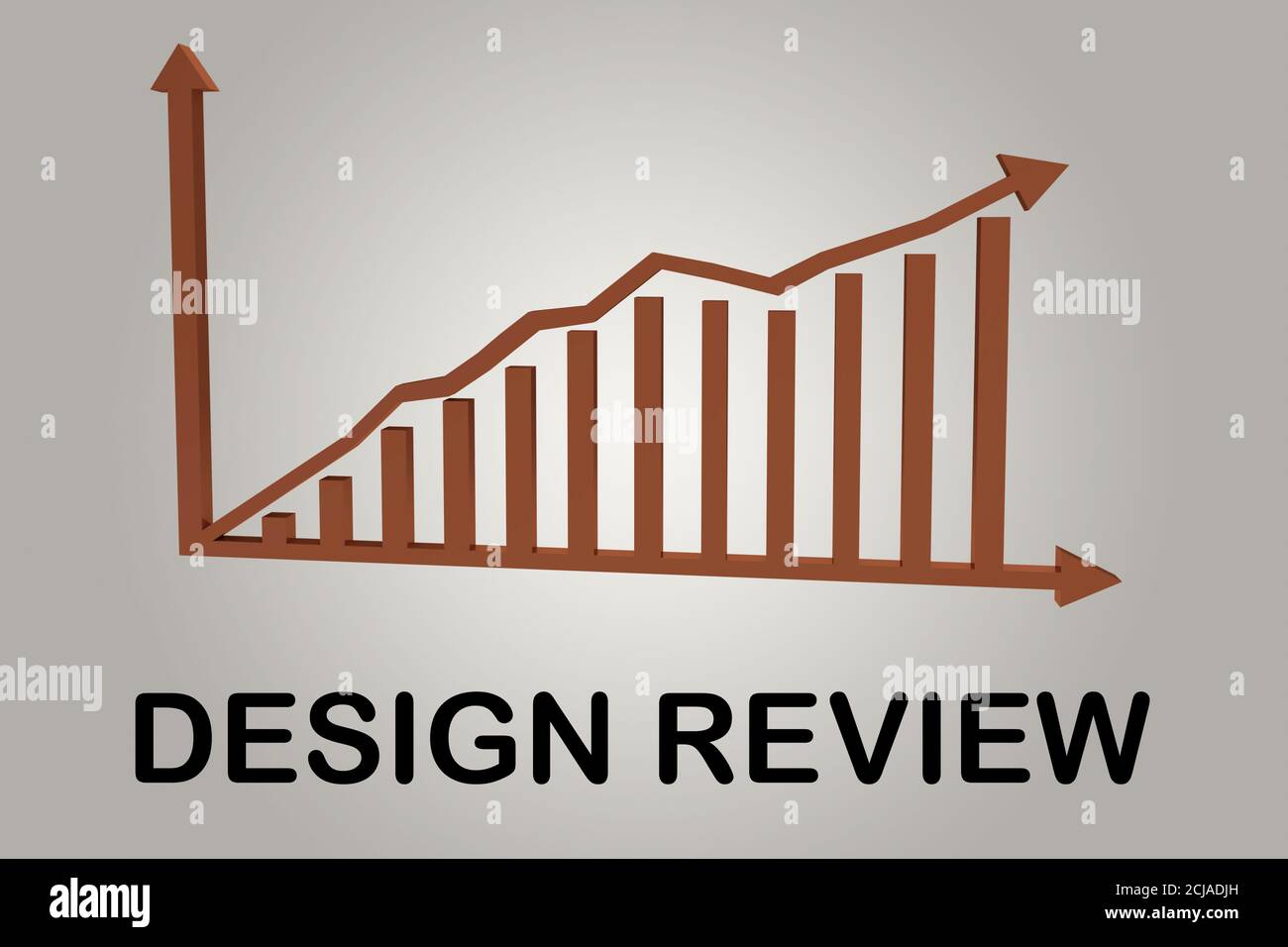 3D illustration of Design Review title above a column bar graph ...