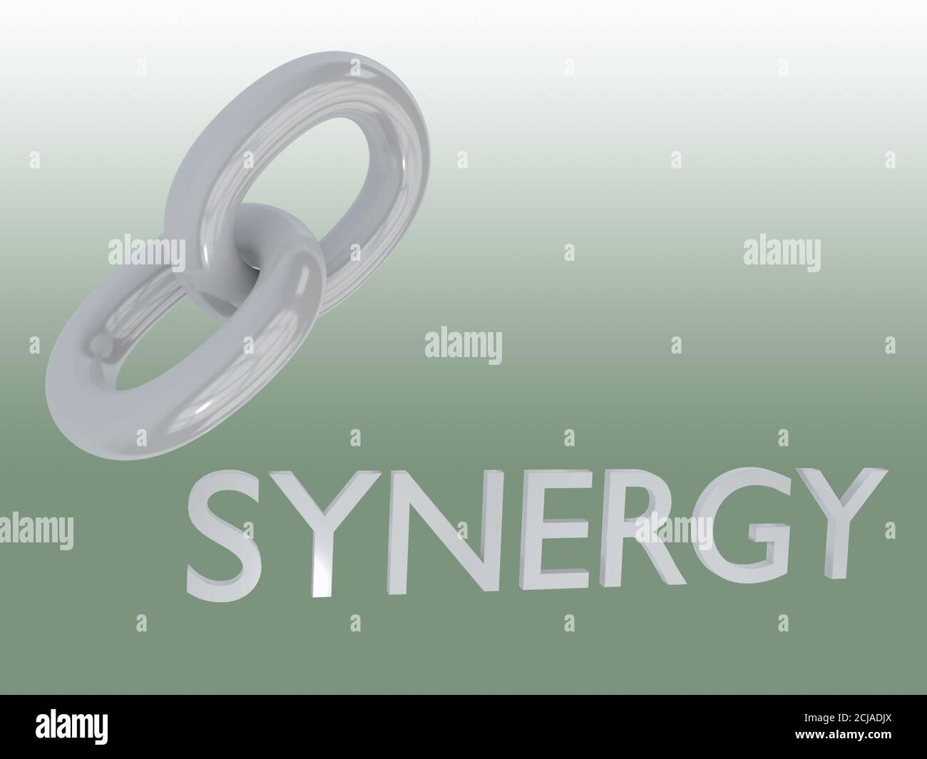 3D illustration of SYNERGY title under two chain rings, isolated over ...