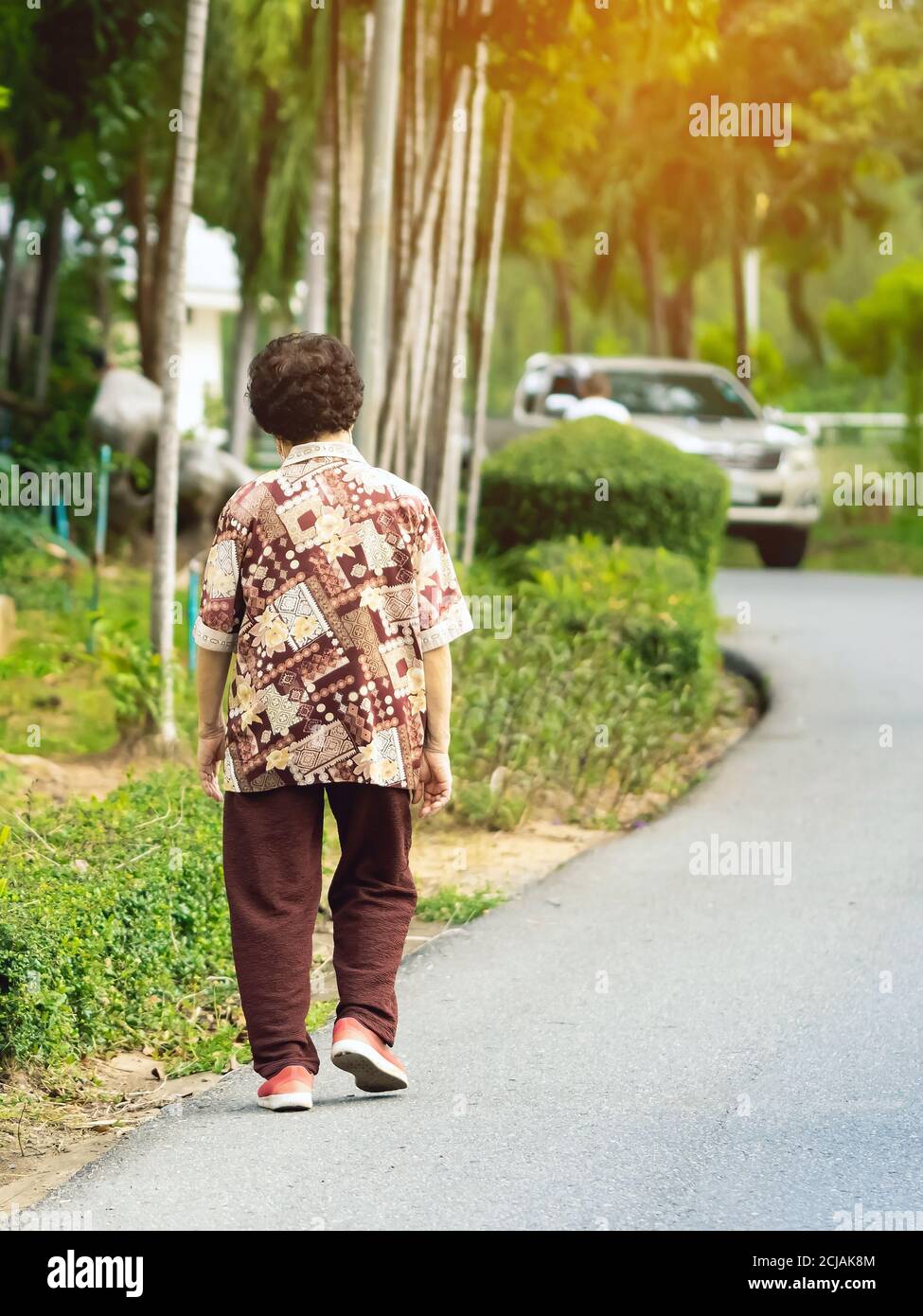 Back view portrait of a Asian elderly woman wears protective face mask ...