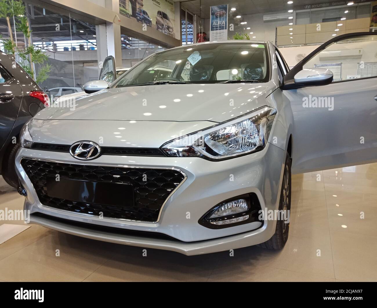DISTRICT KATNI, INDIA - FEBRUARY 10, 2020: Latest hyundai silver color ...