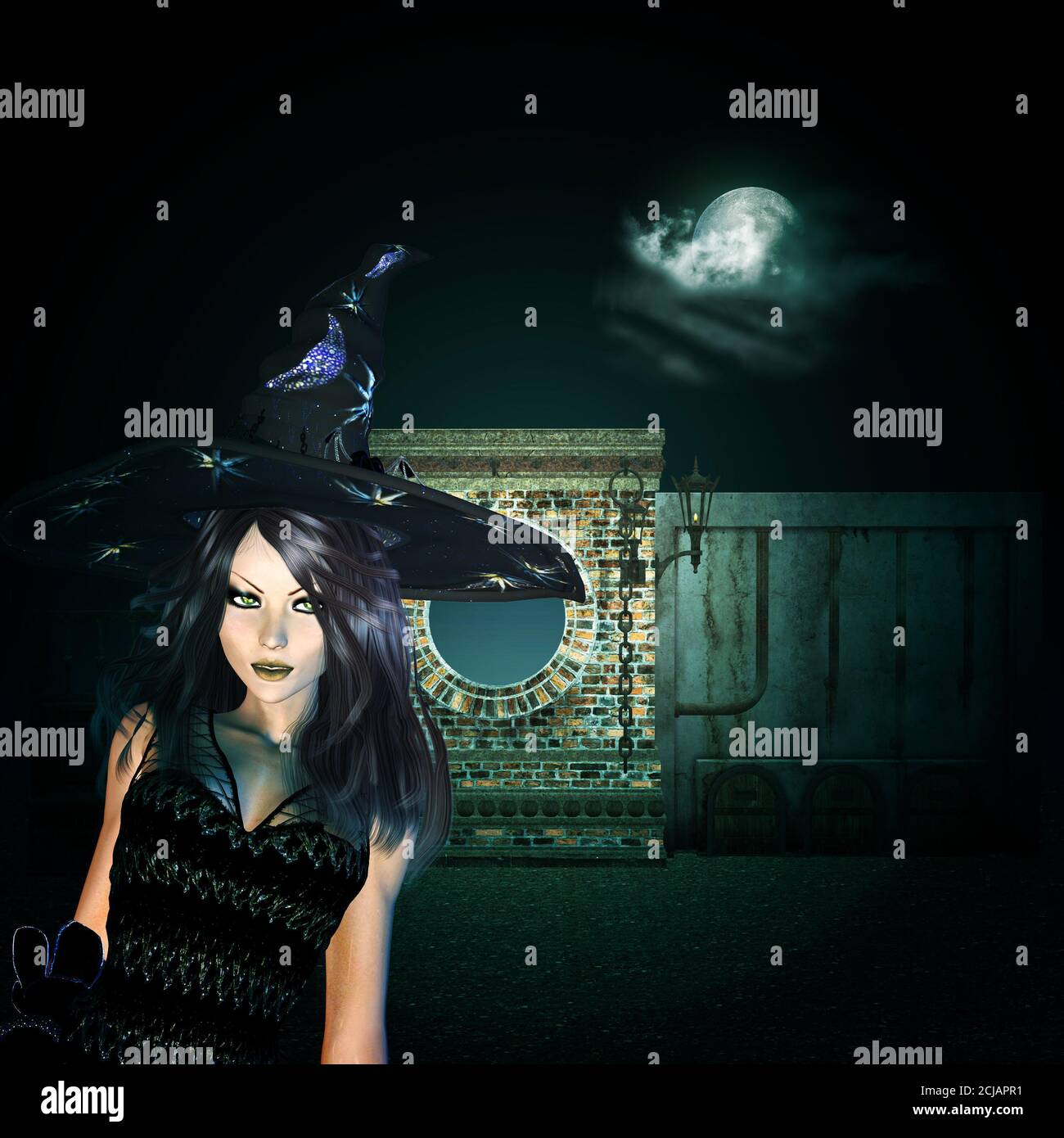 Digitally rendered old brick wall with round window and witch in the ...