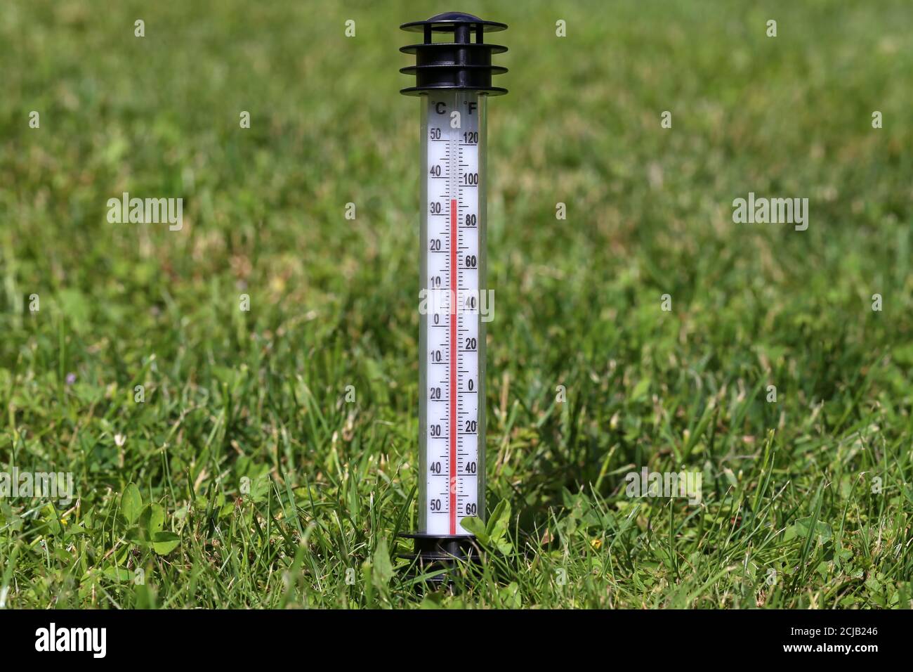 Thermometer on the grass indicating a high temperature Stock Photo - Alamy