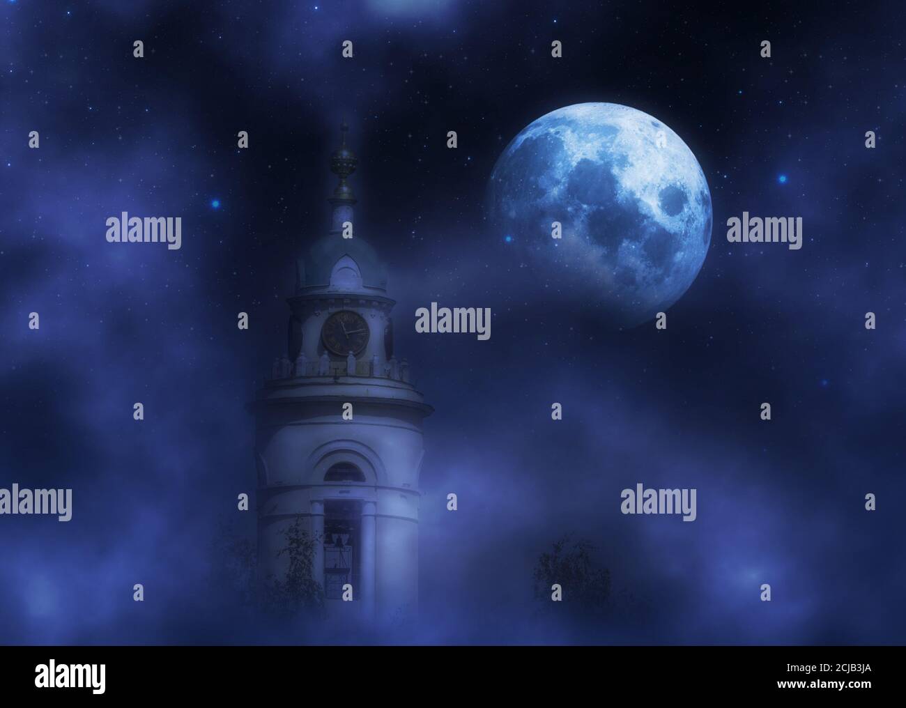 Ancient church clock tower night landscape with full moon, elements for ...