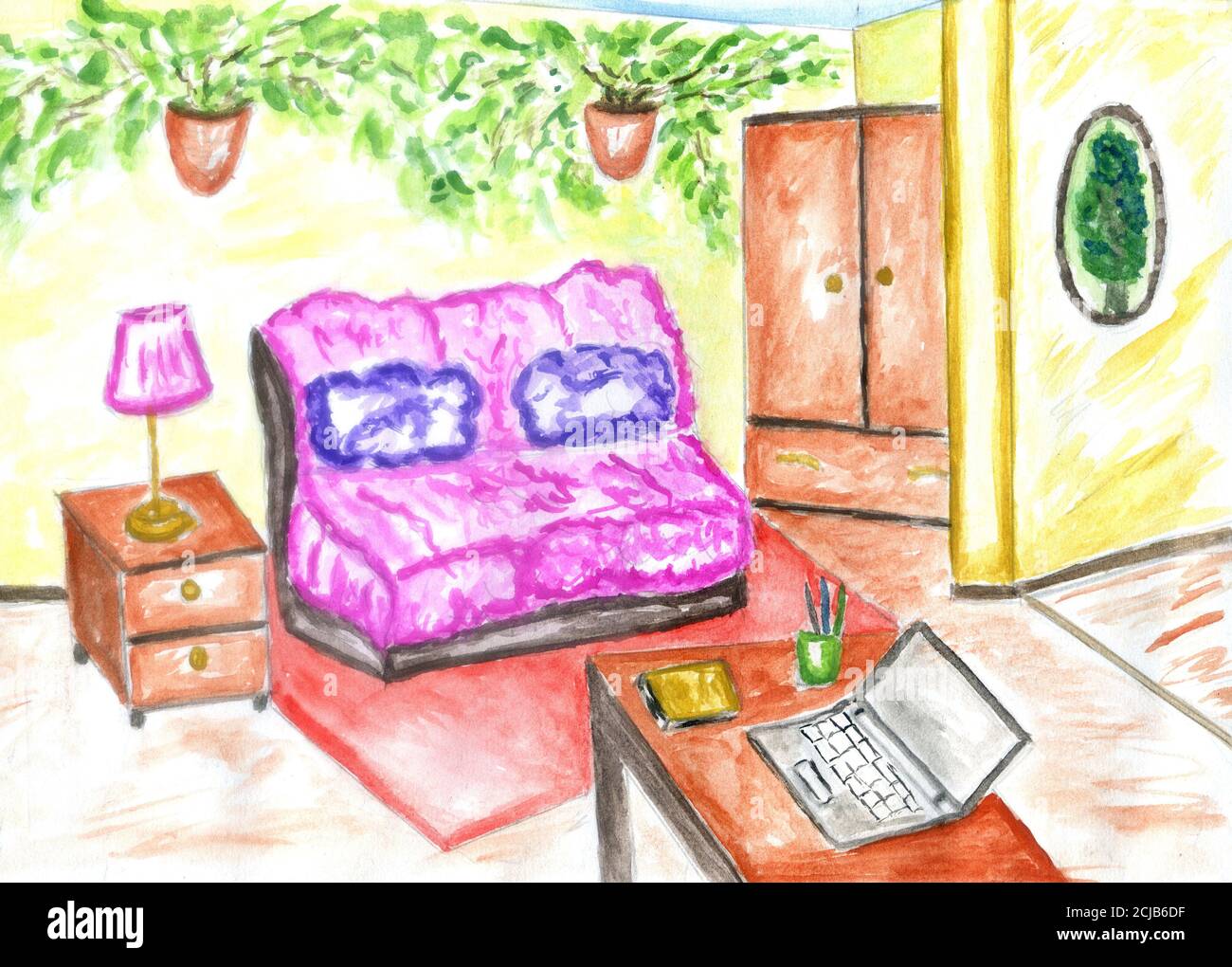 Hand drawn sketch of living room with comfort sofa colorful ...