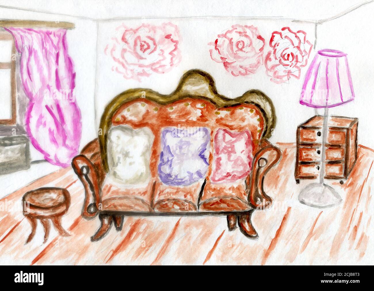 Hand drawn sketch of living room with comfort sofa colorful ...