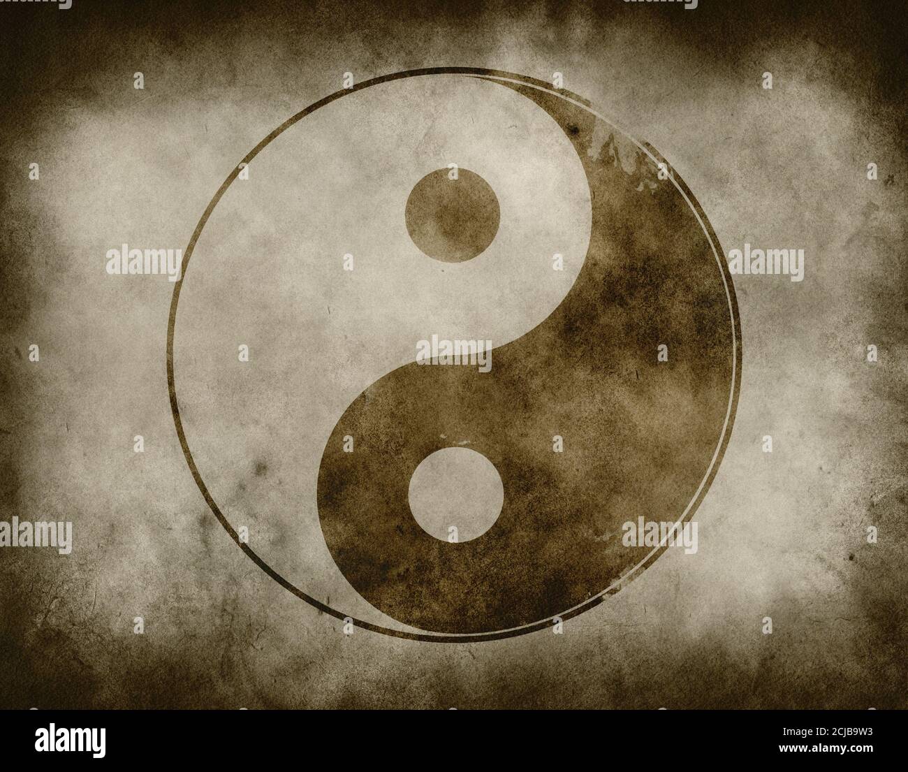 Digital illustration of yin yang sign textured with grunge paper ...