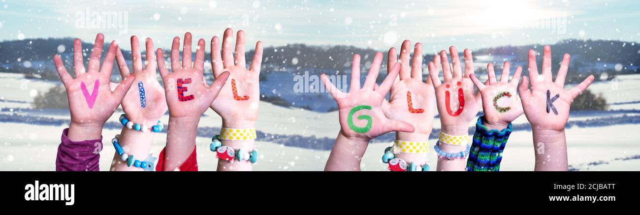 Kids Hands Holding Word Viel Glueck Means Good Luck, Snowy Winter ...