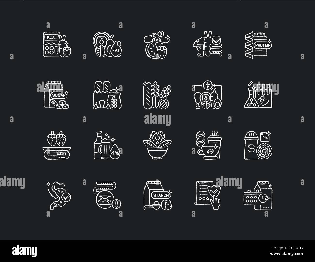 Healthy eating chalk white icons set on black background Stock Vector ...