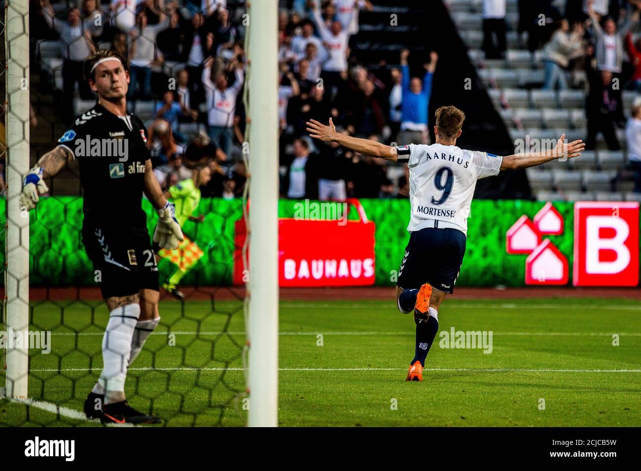 Aarhus, Denmark. 14th Sep, 2020. Patrick Mortensen (9) of AGF scores ...