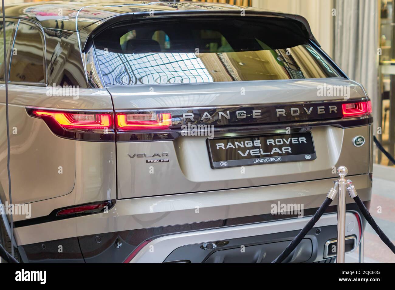 Moscow, Russia, April 11, 2018: Back view of SUV Range rover Velar in ...