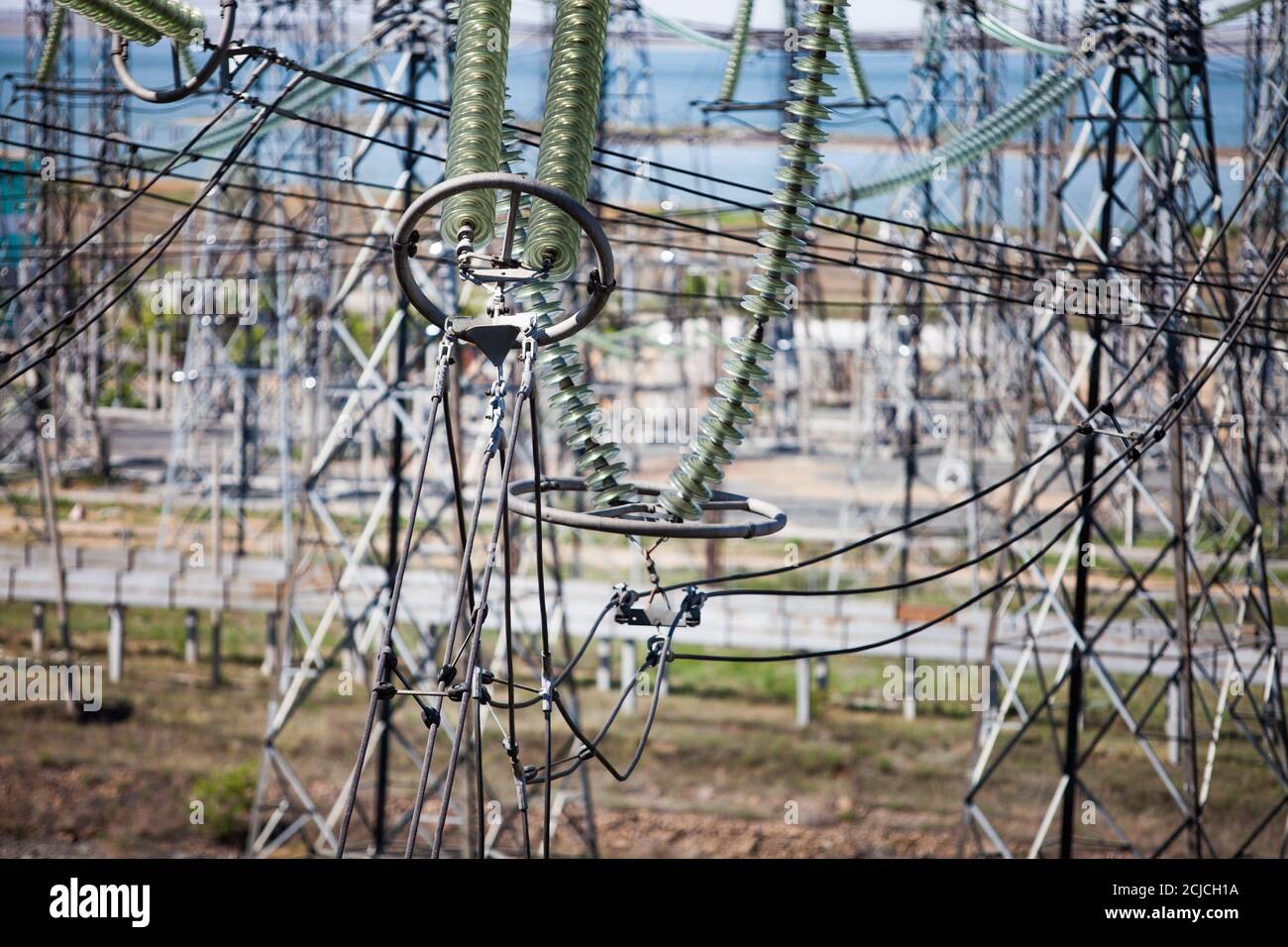 Electric glass insulators and power line with electric pylons on ...