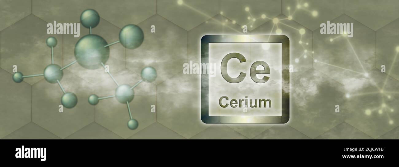 Ce symbol. Cerium chemical element with molecule and network on grey ...