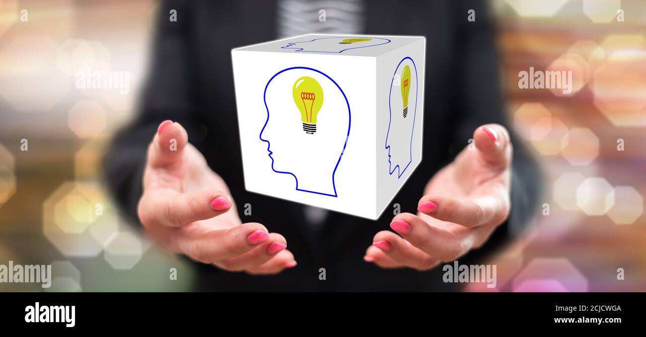 Human brain ideas concept above the hands of a woman in background ...