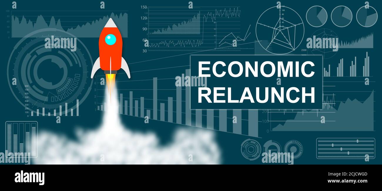 Economic relaunch concept with a rocket launch on charts background ...