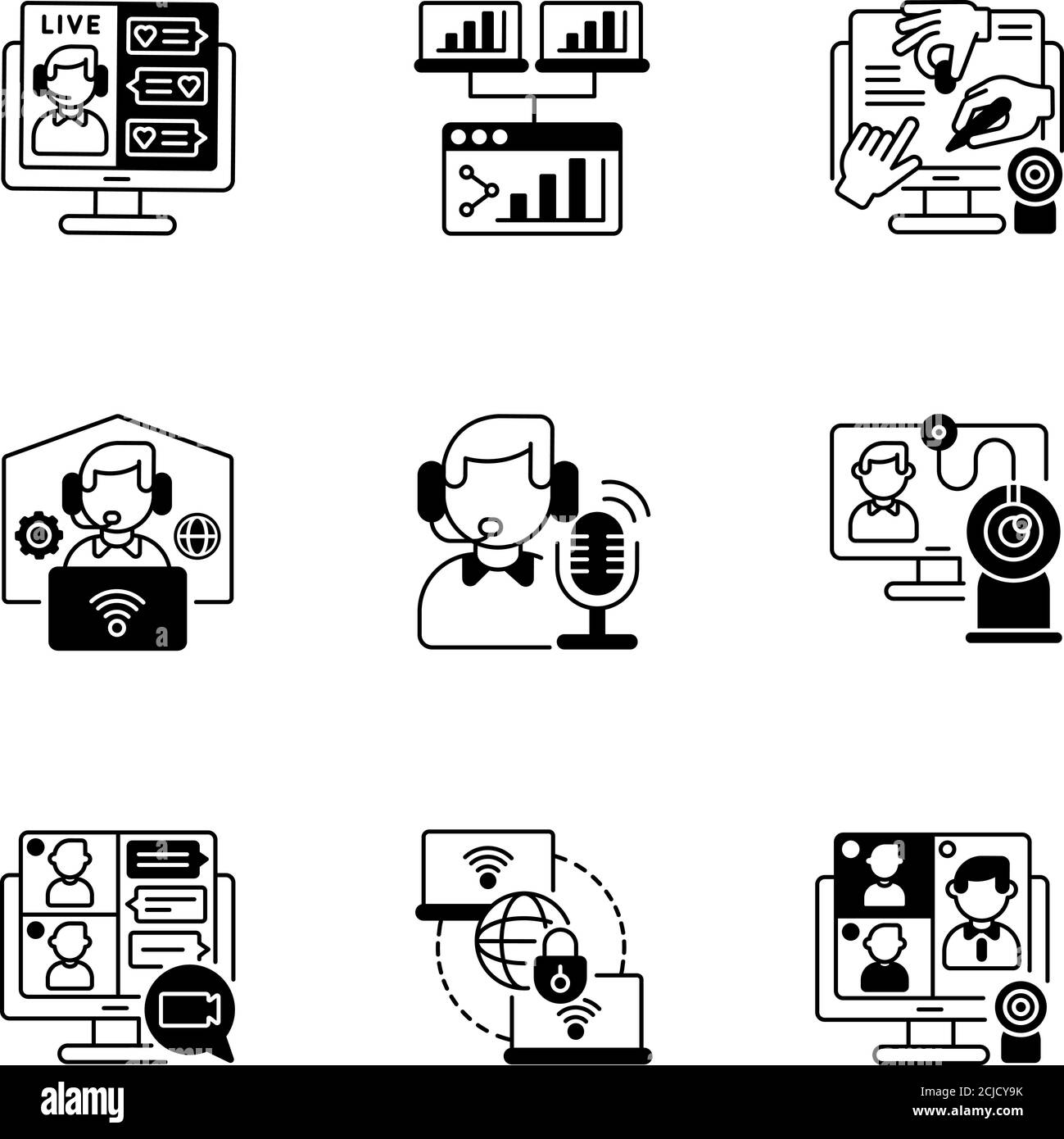 Virtual communication black linear icons set Stock Vector Image & Art ...