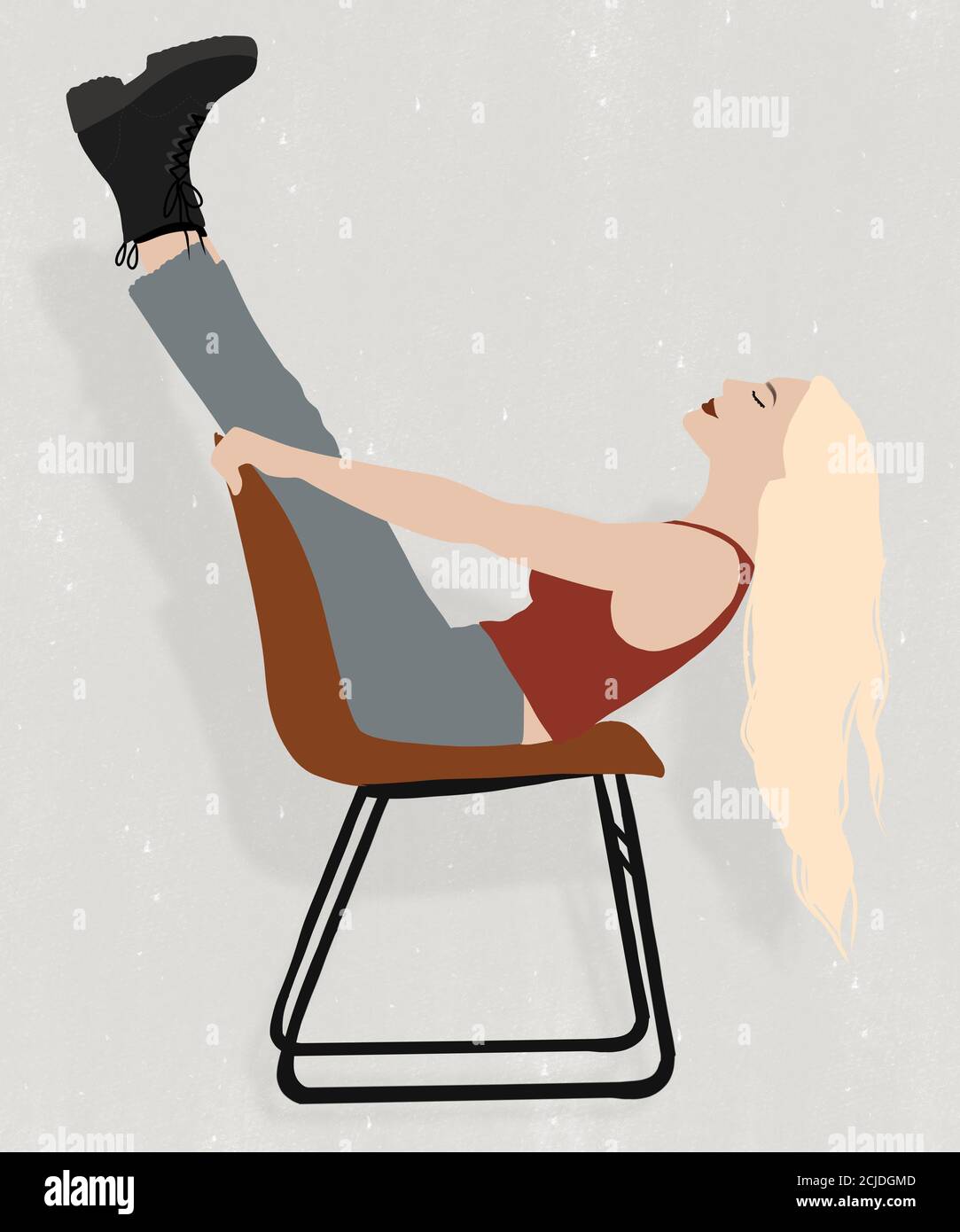 Illustration of a blonde female sitting upside down on a chair Stock ...