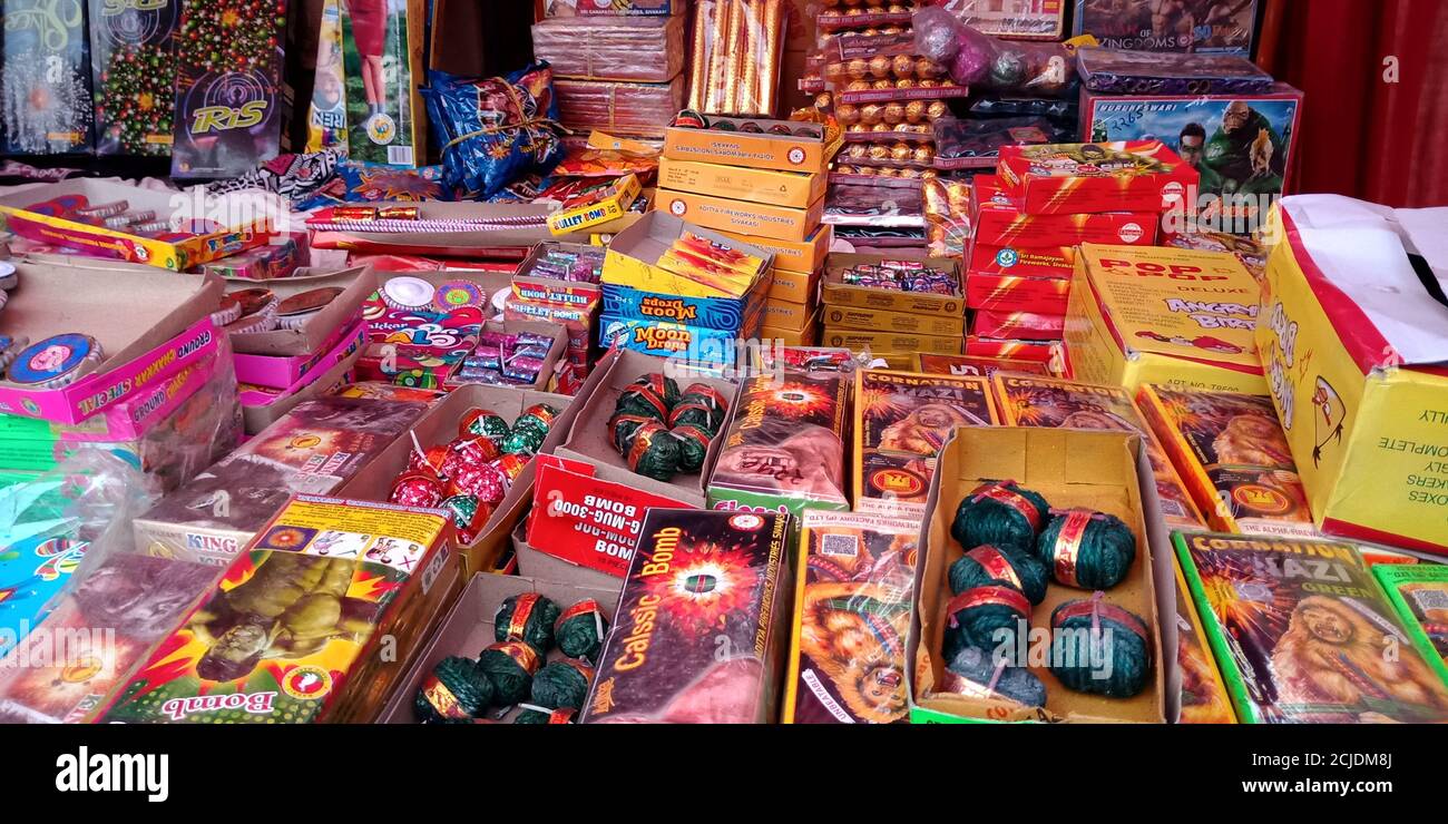 DISTRICT KATNI, INDIA - OCTOBER 15, 2019: Colorful Crackers displayed ...