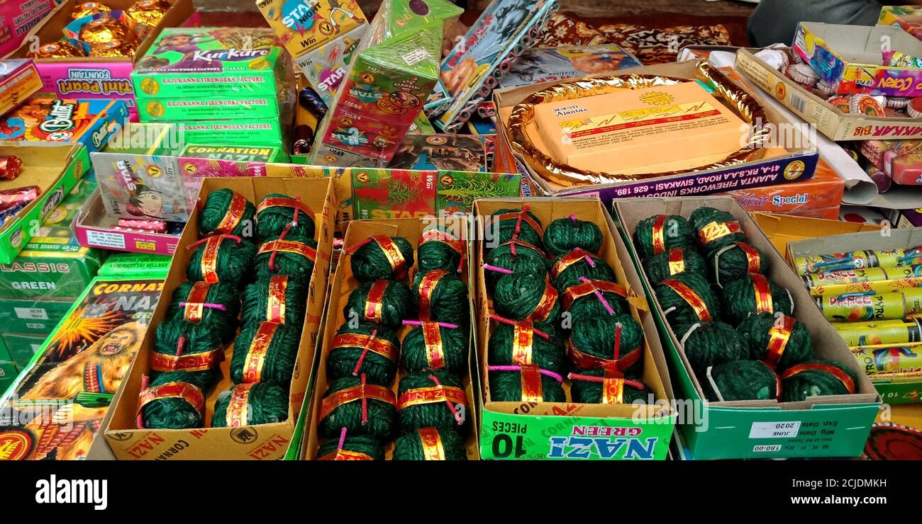 DISTRICT KATNI, INDIA - OCTOBER 15, 2019: Colorful item bomb Crackers ...