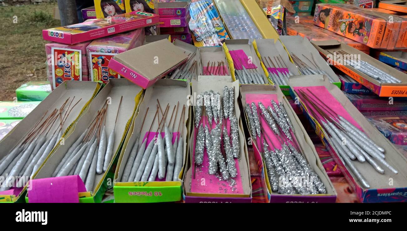 DISTRICT KATNI, INDIA - OCTOBER 15, 2019: Silver Sparkler with Crackers ...