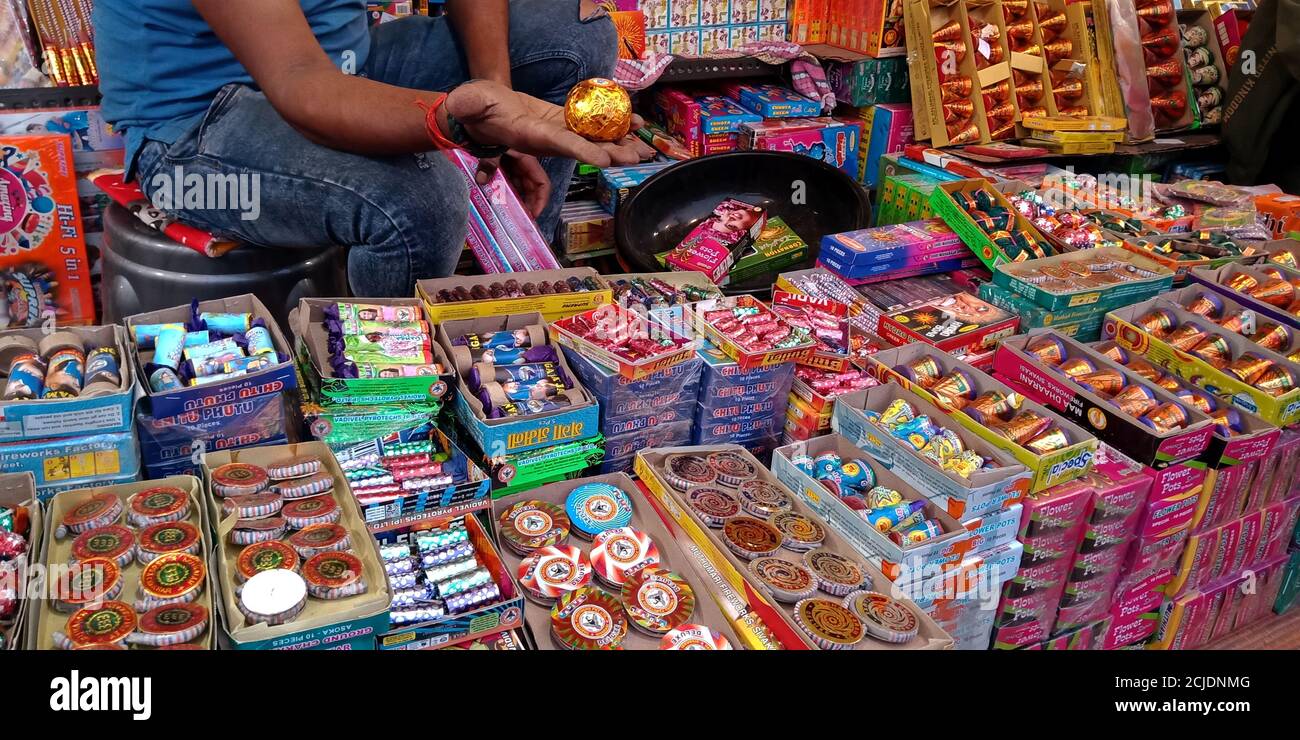 DISTRICT KATNI, INDIA - OCTOBER 15, 2019: Soil made Crackers displayed ...