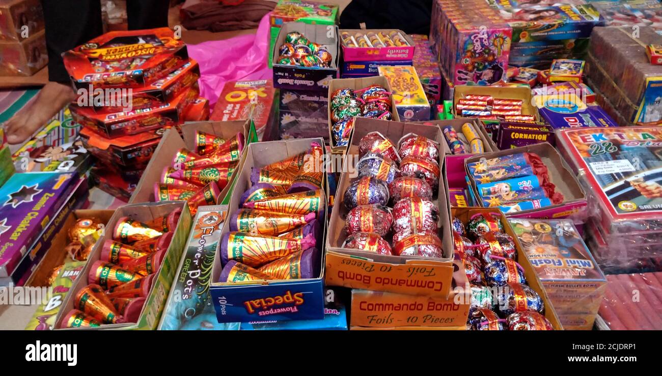 DISTRICT KATNI, INDIA - OCTOBER 15, 2019: Colorful Crackers displayed ...