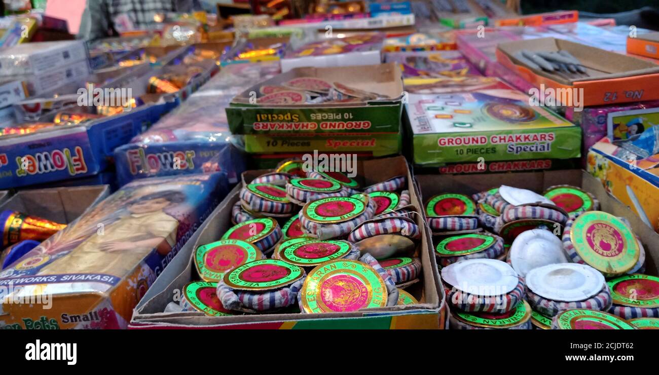 DISTRICT KATNI, INDIA - OCTOBER 15, 2019: Chakri Crackers displayed by ...