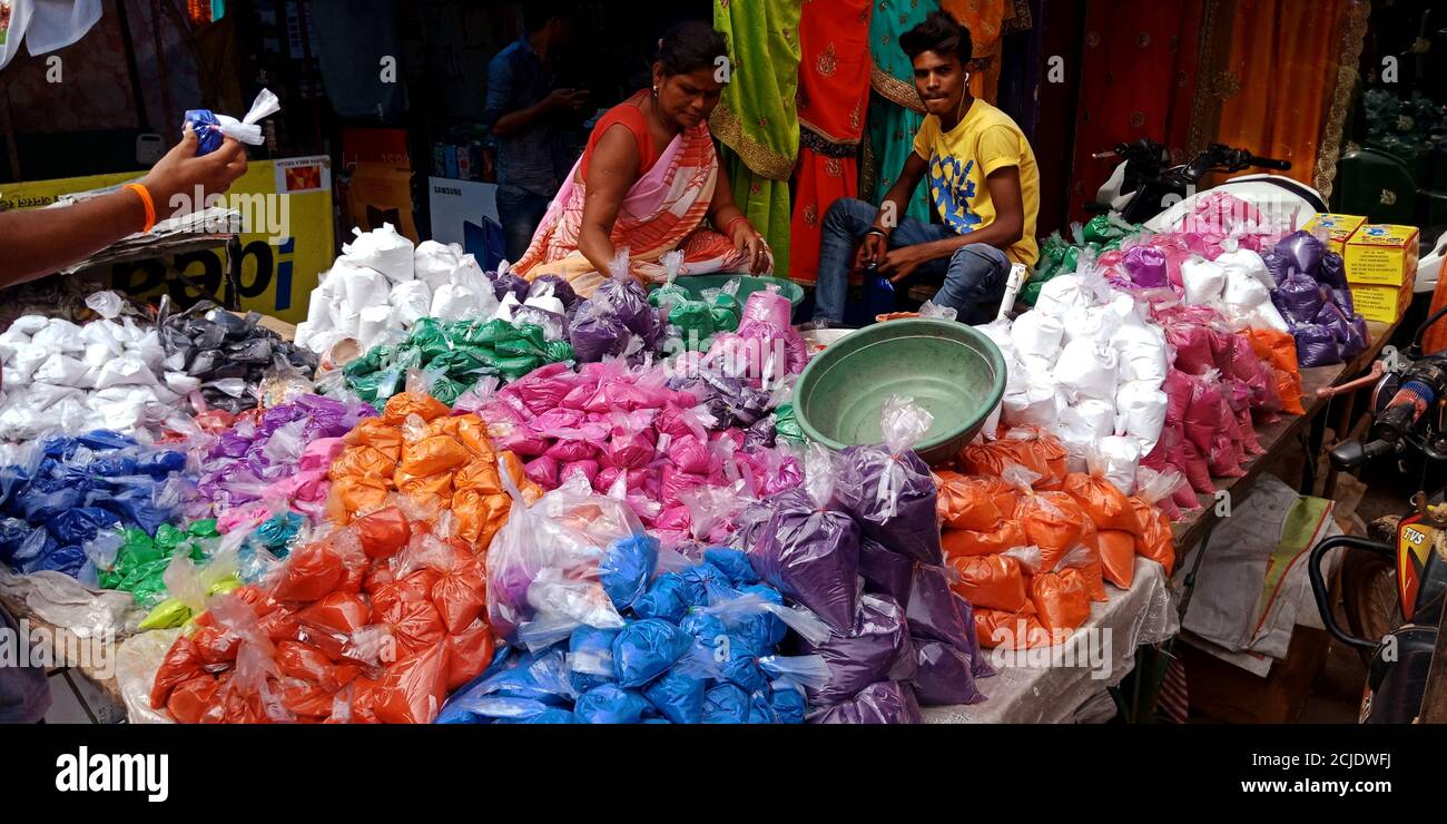 DISTRICT KATNI, INDIA - OCTOBER 19, 2019: Rangoli colors presented for ...