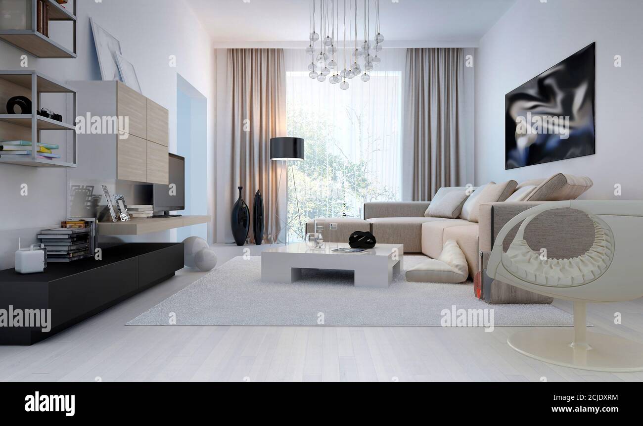 Fashionable interior in light beige colors, with TV unit, corner sofa ...