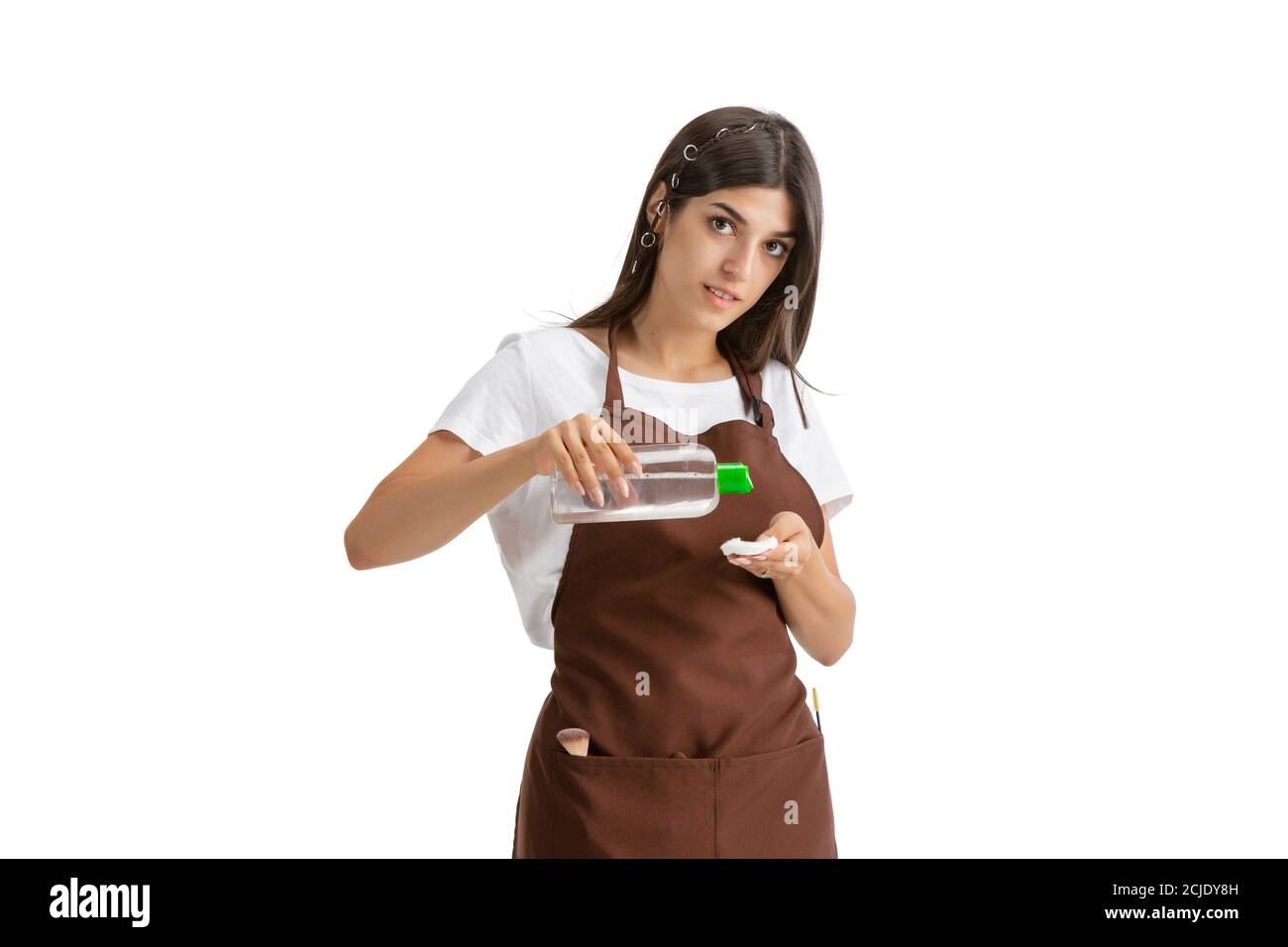 Mycelium water. Young beautiful woman, visagiste with cosmetics ...