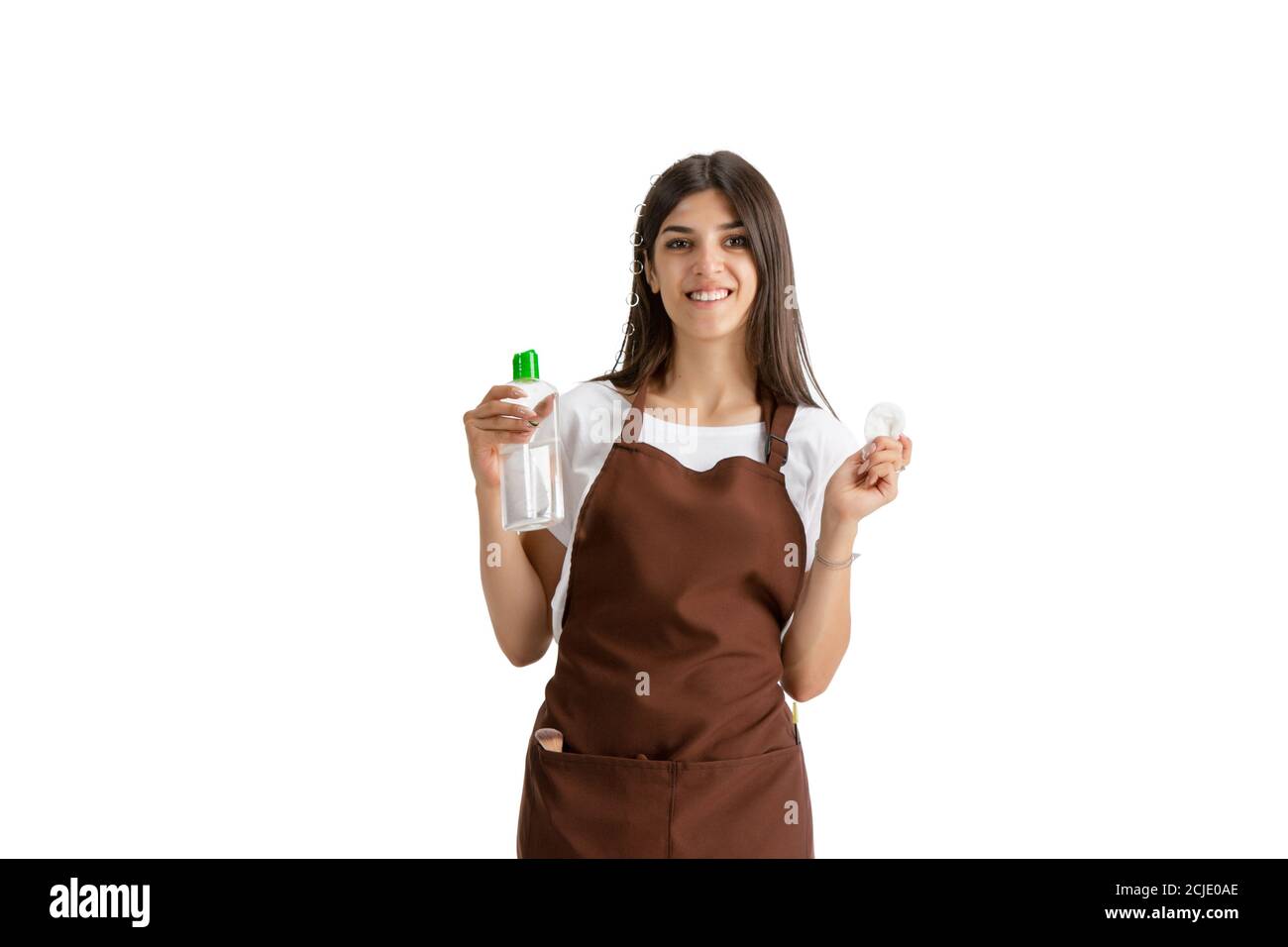Mycelium water. Young beautiful woman, visagiste with cosmetics ...