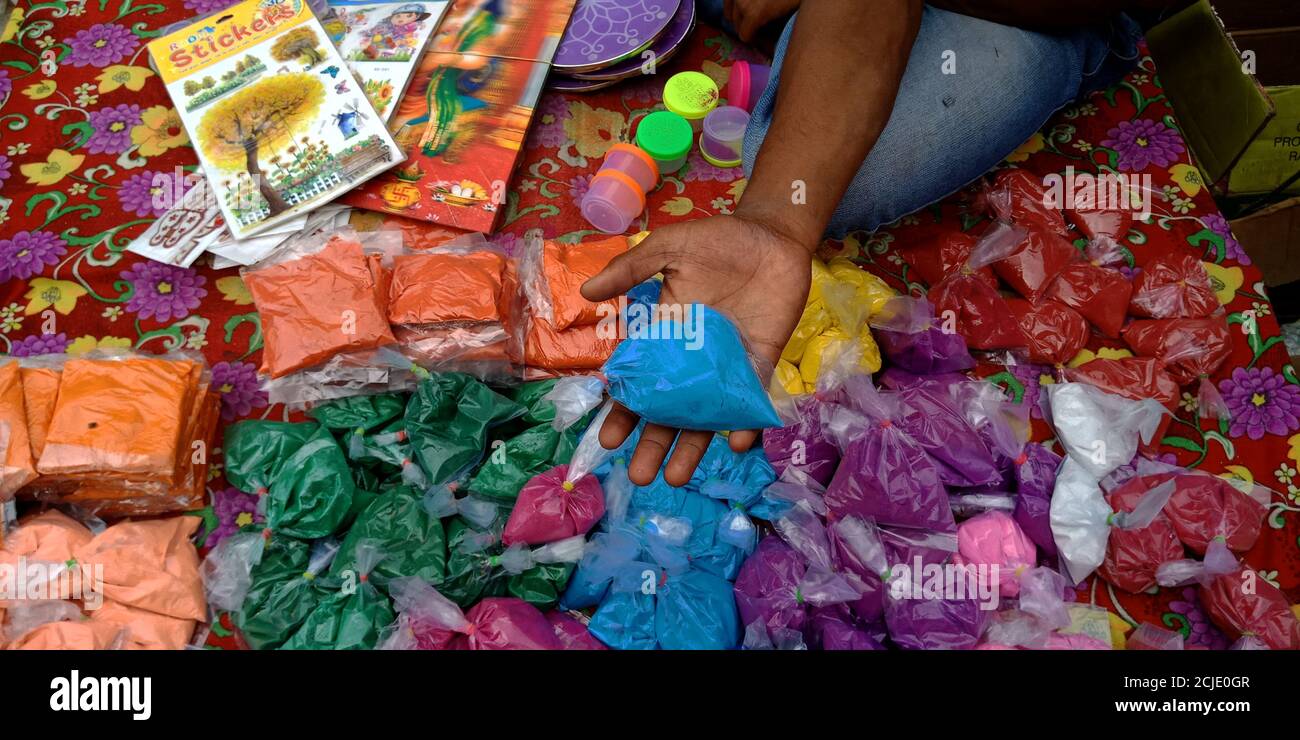 DISTRICT KATNI, INDIA - OCTOBER 19, 2019: Rangoli colours presented on ...