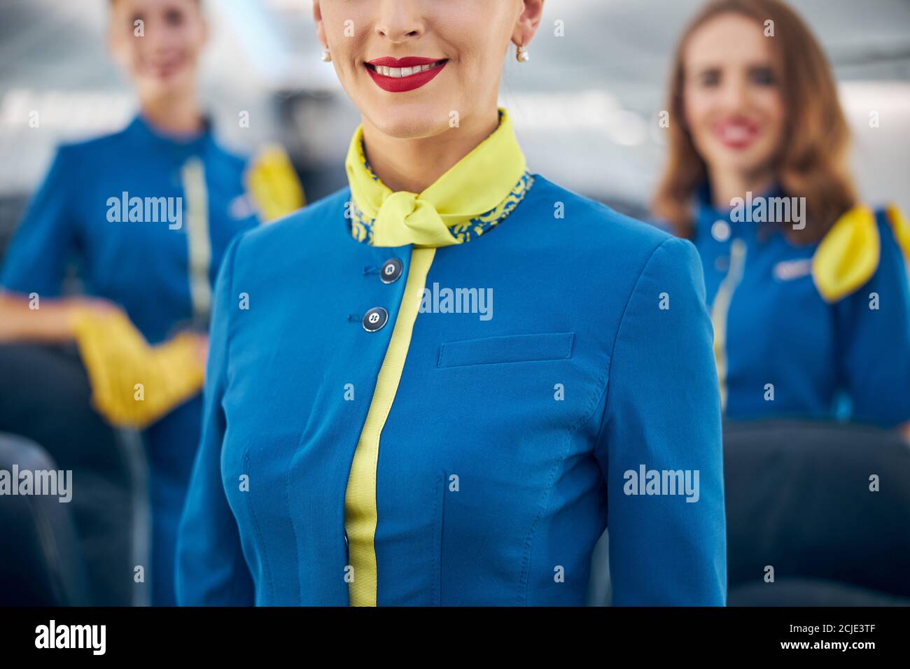 Charming female wearing air hostess suit on the board of commercial ...