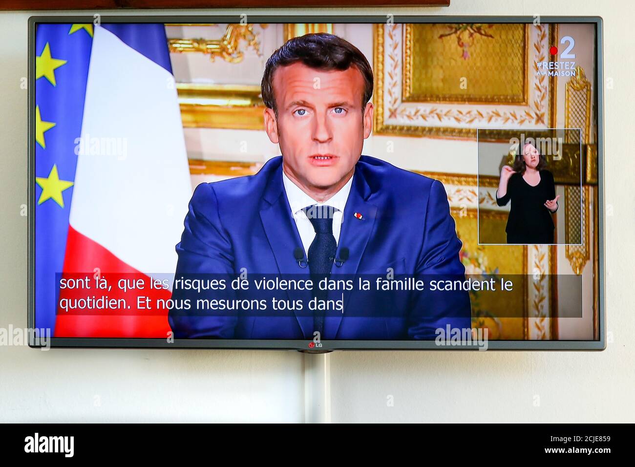 PARIS, FRANCE - APRIL 12, 2020. Emmanuel Macron, President, talking ...