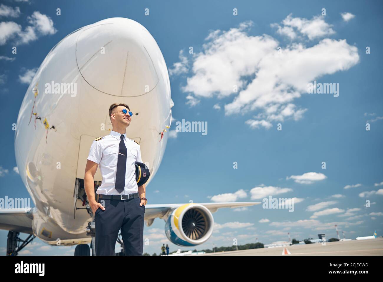 Joyful male pilot standing by the plane under blue sky Stock Photo - Alamy