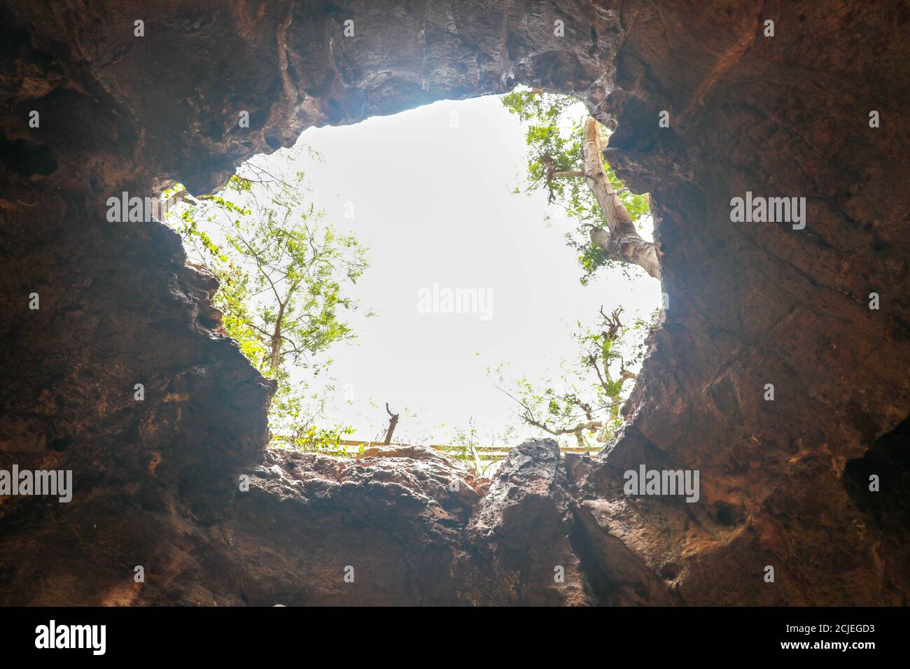 View from inside a cave looking out.Fallen cave ceiling. A hole in the ...