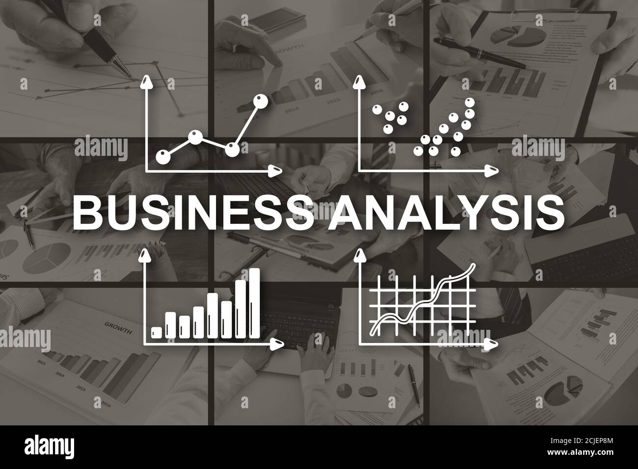 Business analysis concept illustrated by pictures on background Stock ...