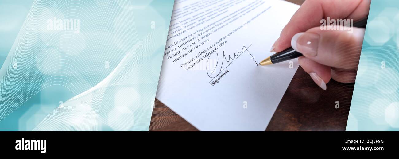 Woman hand signing a contract; panoramic banner Stock Photo - Alamy