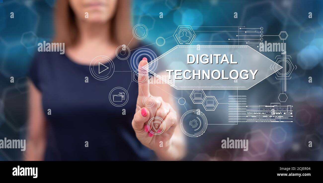 Woman touching a digital technology concept on a touch screen with her ...