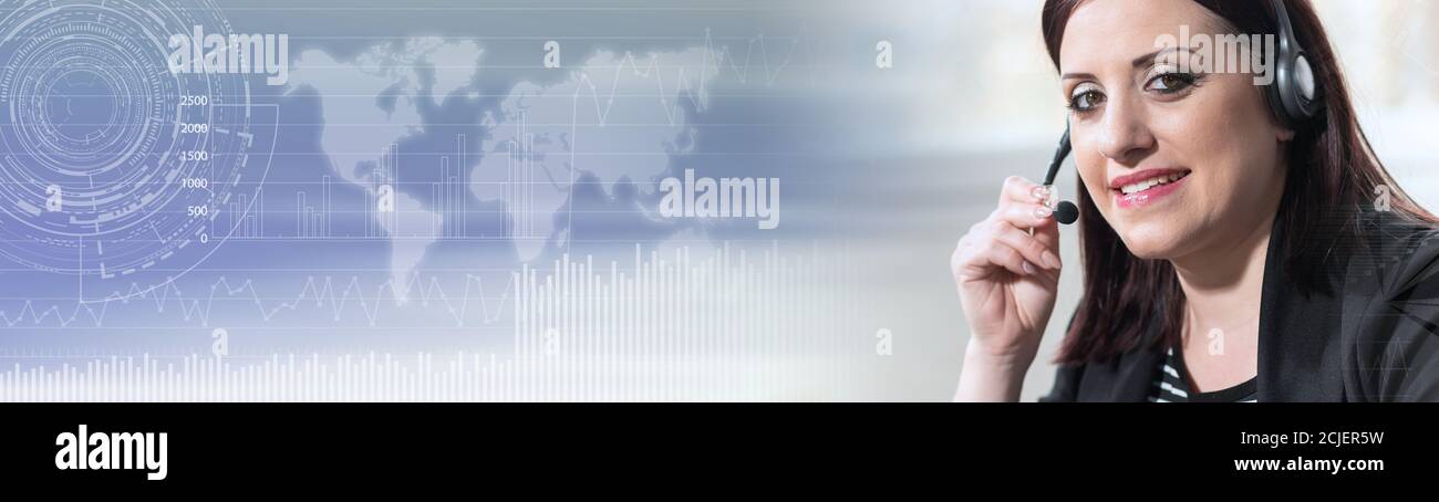 Portrait of smiling female phone operator with headset; panoramic ...